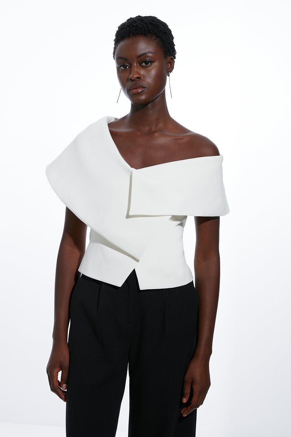 KAREN MILLEN Compact Stretch Asymmetric Collar Tailored Top in Black ...
