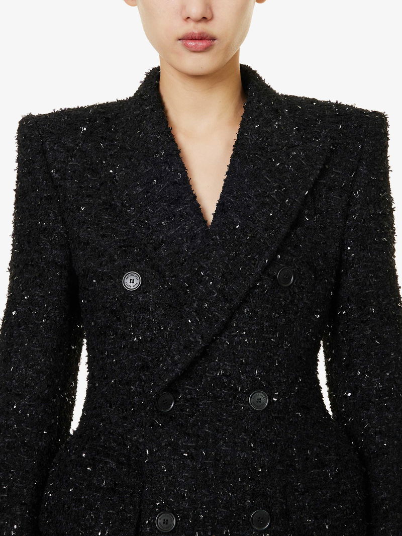 BALENCIAGA Hourglass Tweed-Texture Padded-Shoulder Wool Blazer in BLACK ...