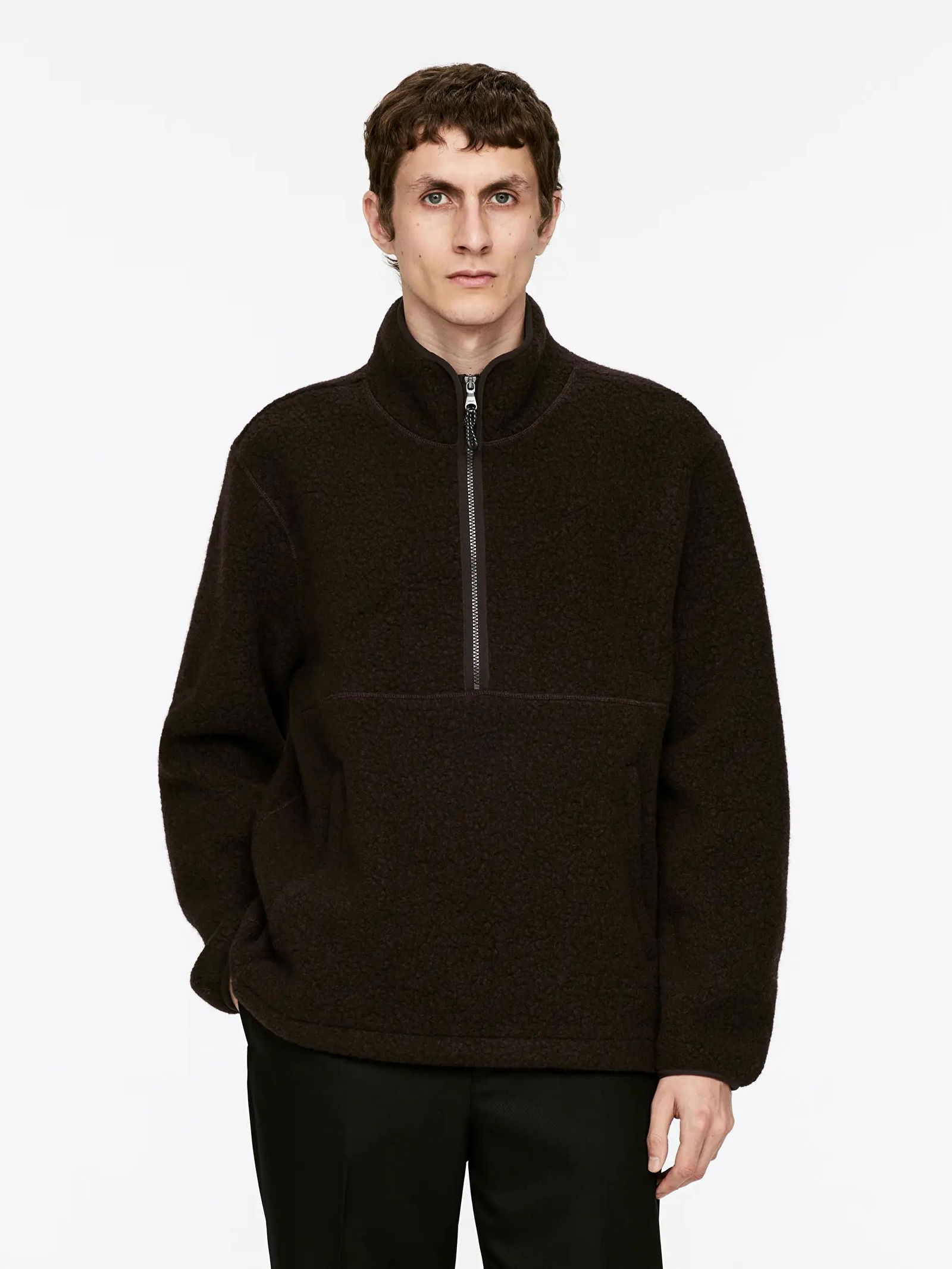 ARKET Wool Blend Pile Half-Zip in Brown | endource