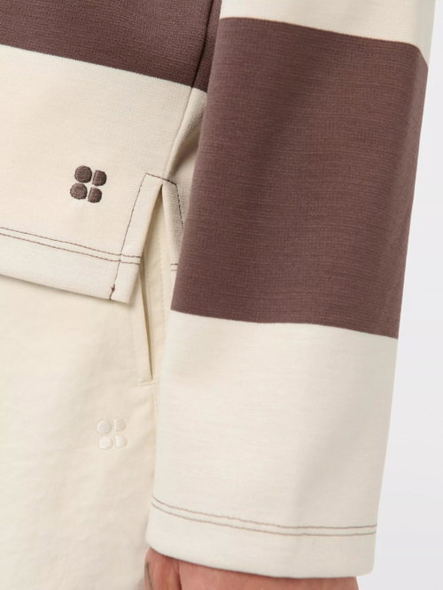 SWEATY BETTY Stripe Relaxed Rugby Shirt, Lily White/Taupe | endource
