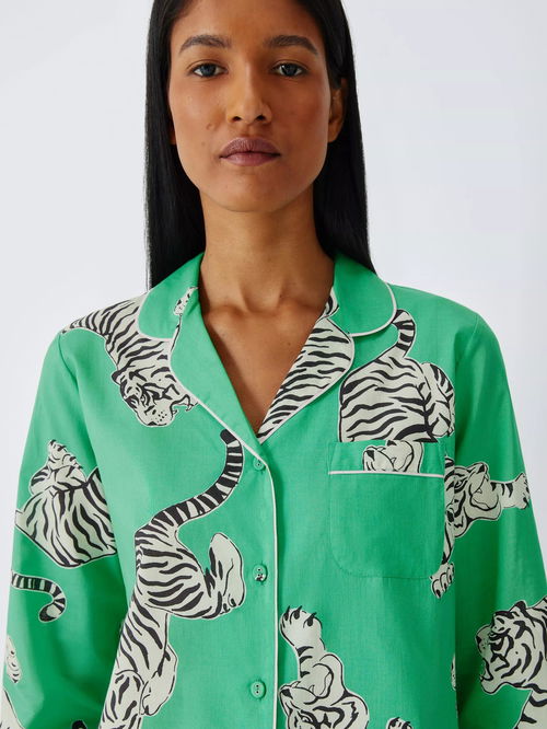 JOHN LEWIS Tigers Button Through Long Pyjama Set, Green | endource