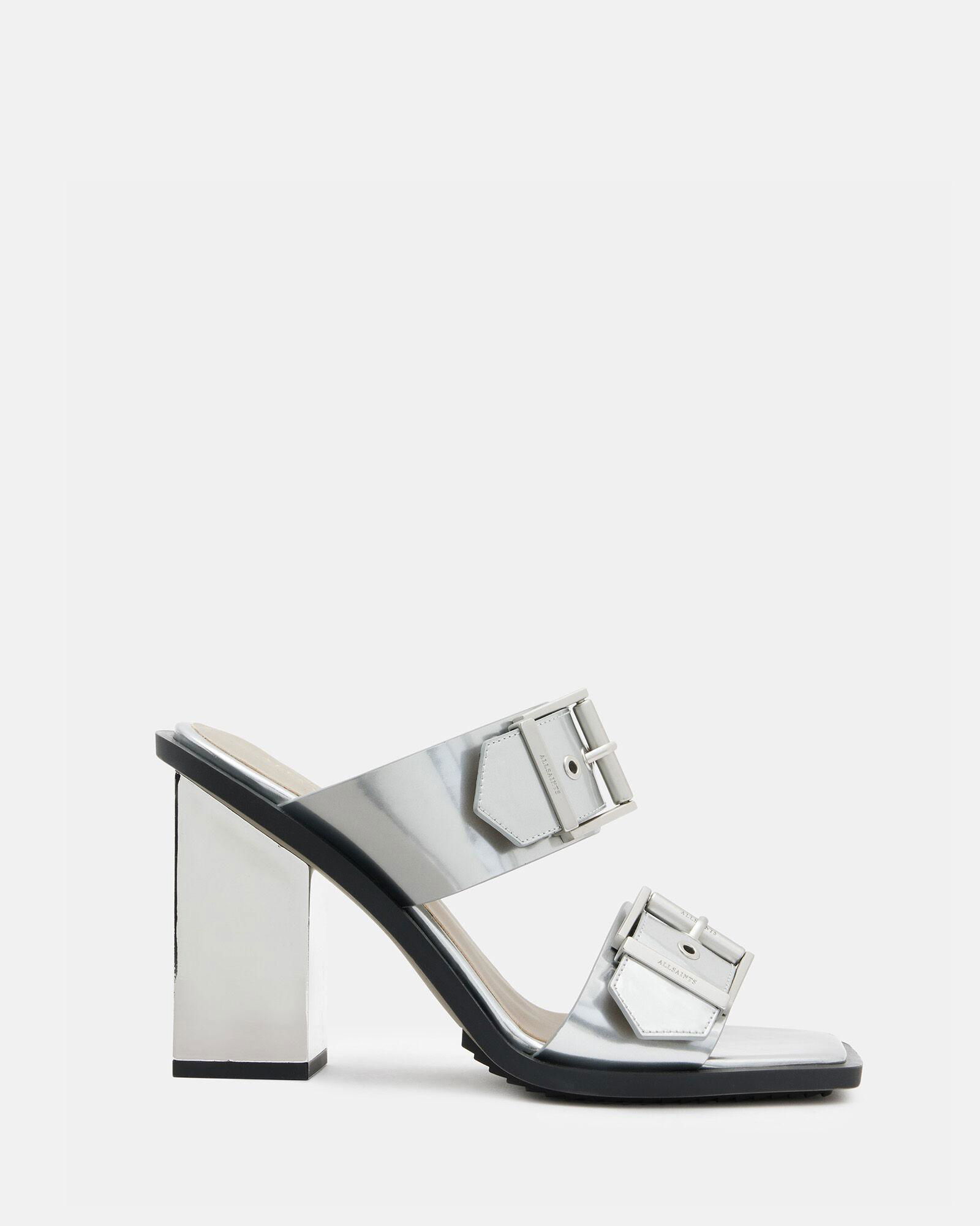 ALLSAINTS Camille Metallic Leather Block Heels in Metallic Silver ...
