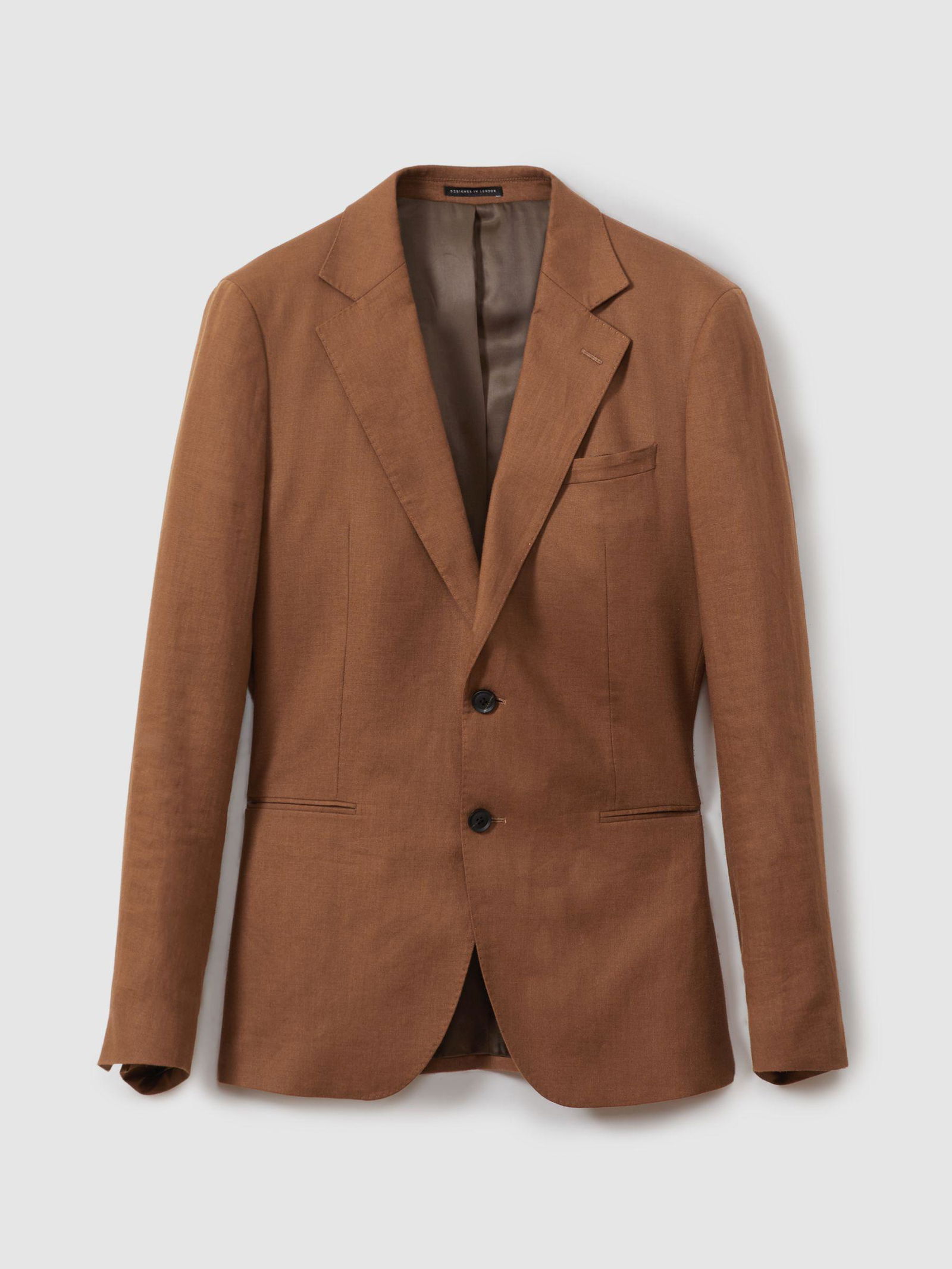 REISS Kin Slim Fit Single Breasted Linen Blazer in Tobacco Brown | endource