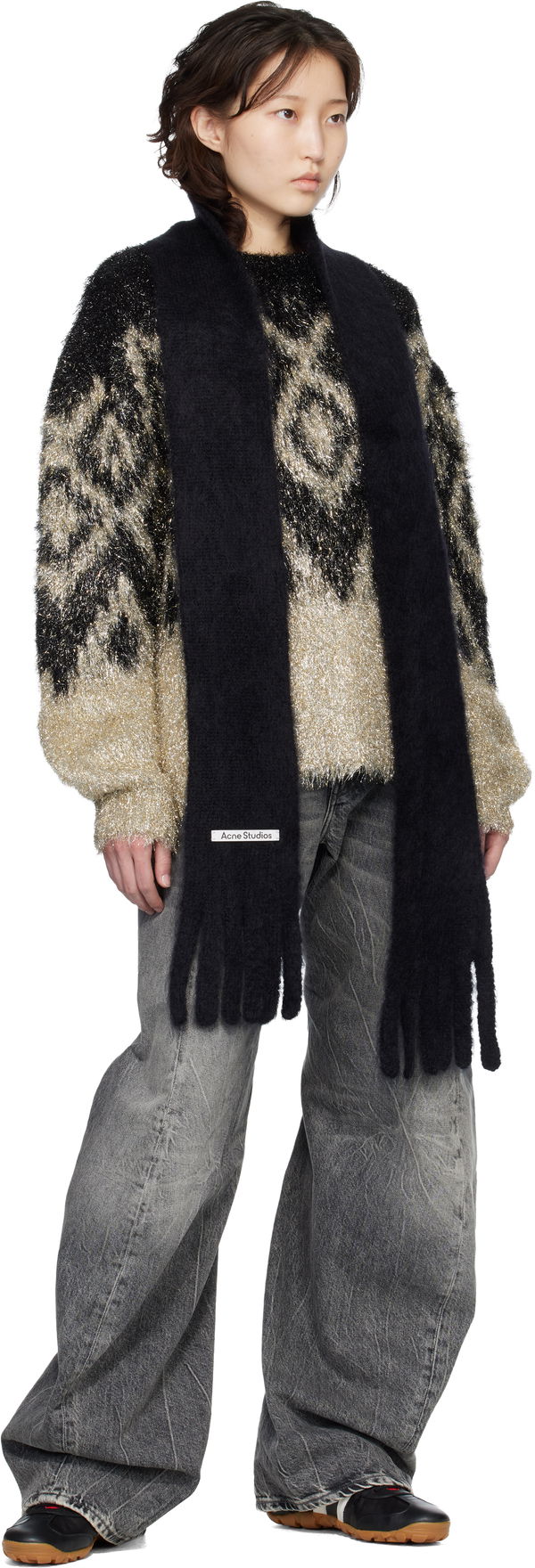 ACNE STUDIOS Black Skinny Logo Scarf | endource