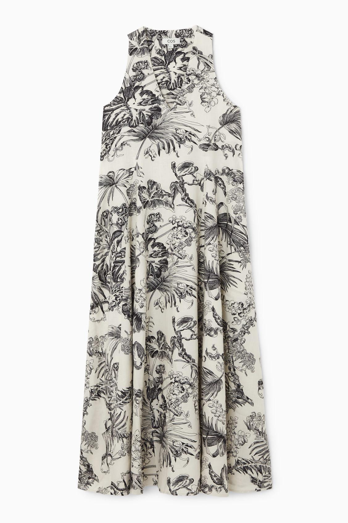 Cos Pleated Linen Maxi Dress In White Floral Endource
