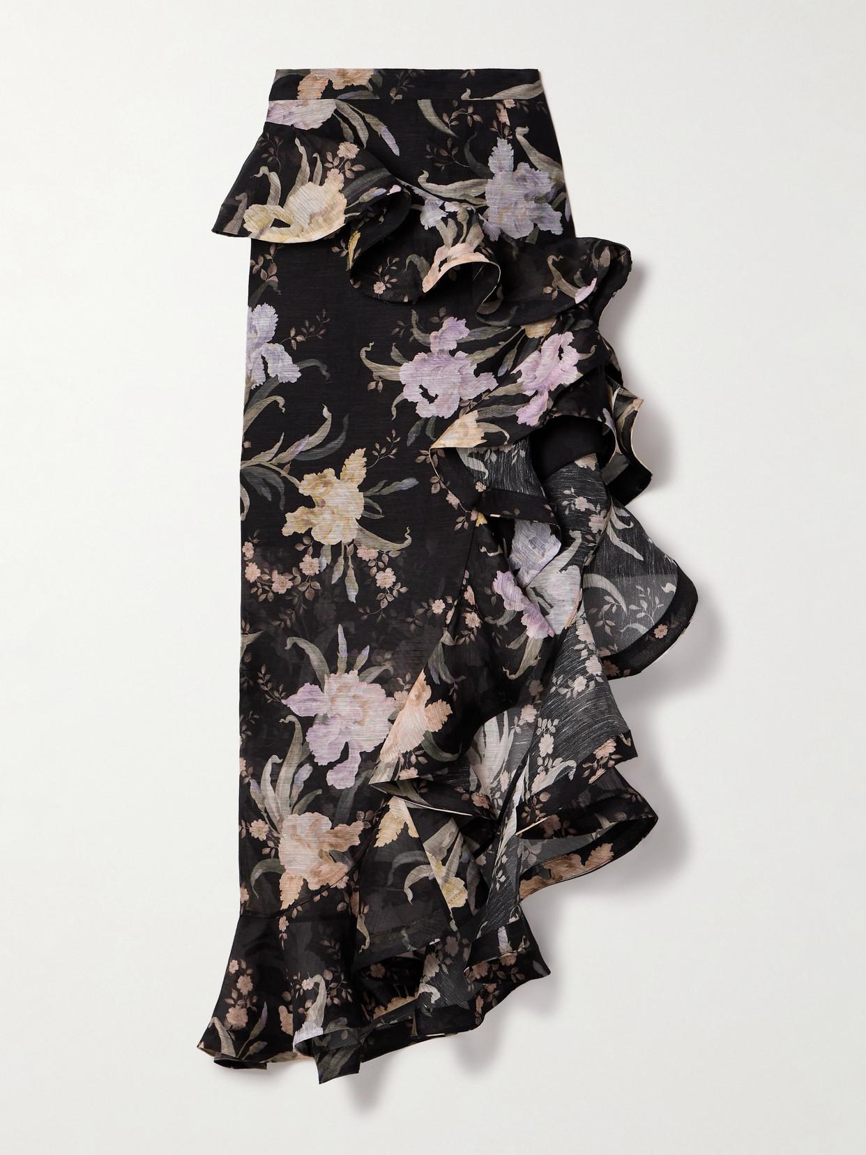 ZIMMERMANN Eden Waterfall Asymmetric Ruffled Floral Midi Skirt | endource