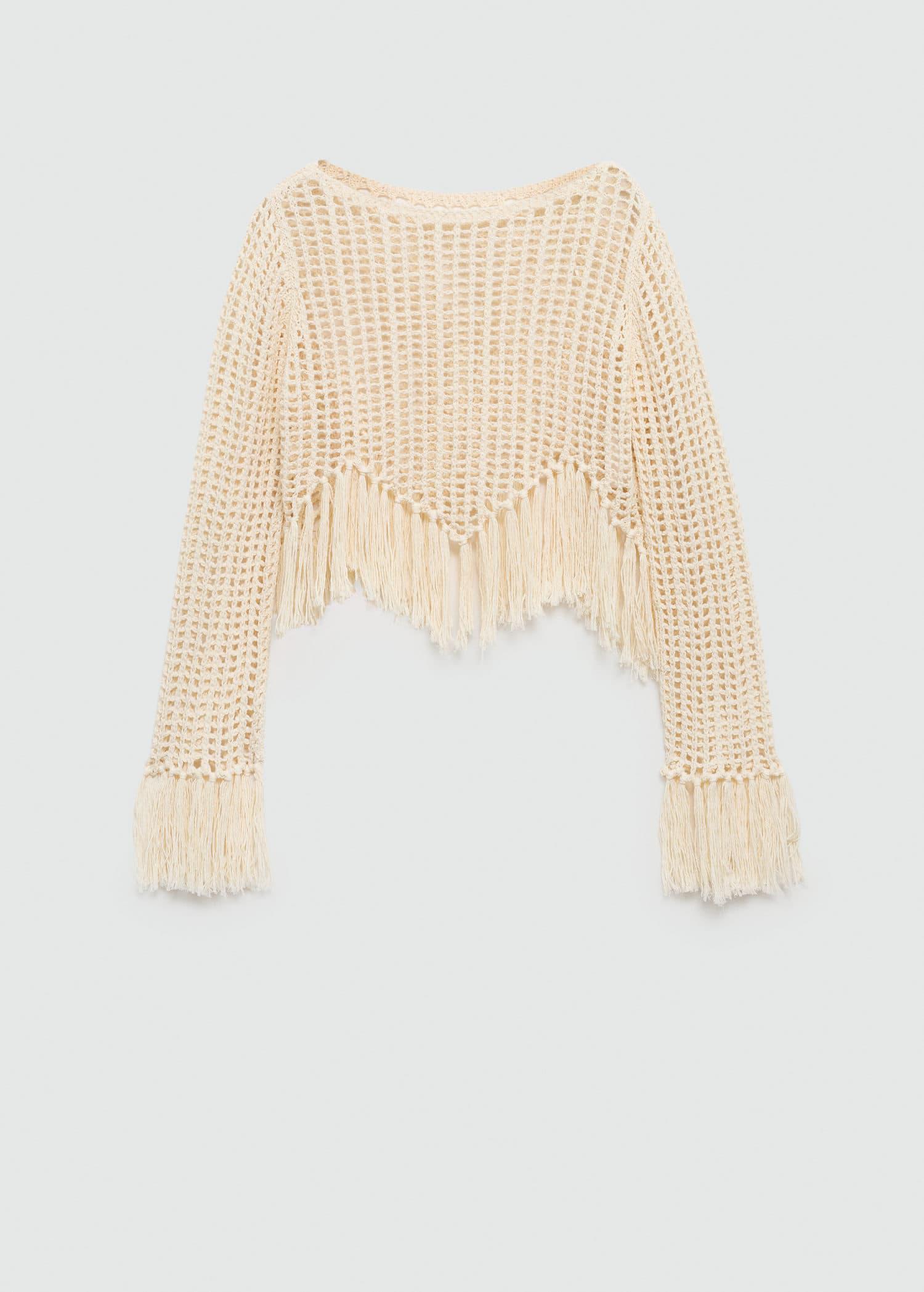 Mango Openwork Knitted Sweater With Fringes In Ecru Endource