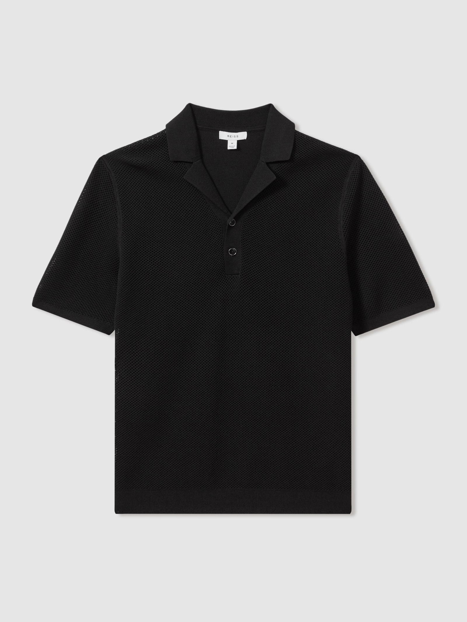 REISS Charlie Open-Stitch Cuban-Collar Polo Shirt in Black | Endource