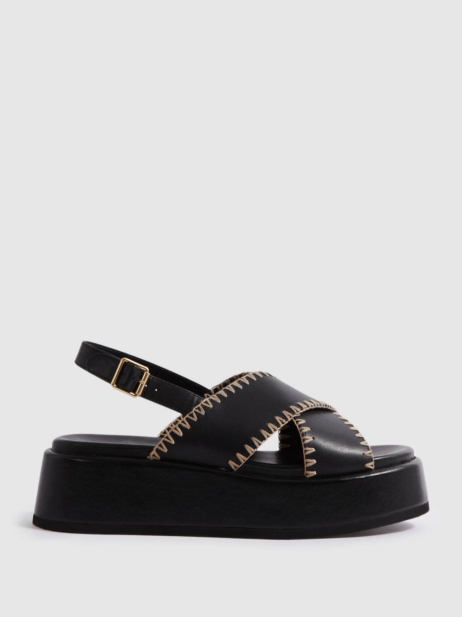 REISS Melissa Leather Raffia Stitch Platform Sandals in Black | endource