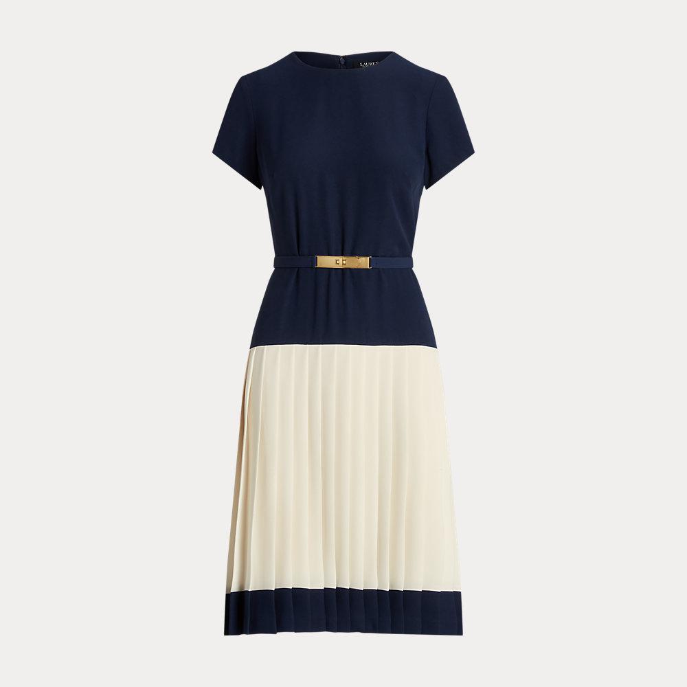 LAUREN RALPH LAUREN Two-Tone Belted Georgette Dress in Blue | Endource