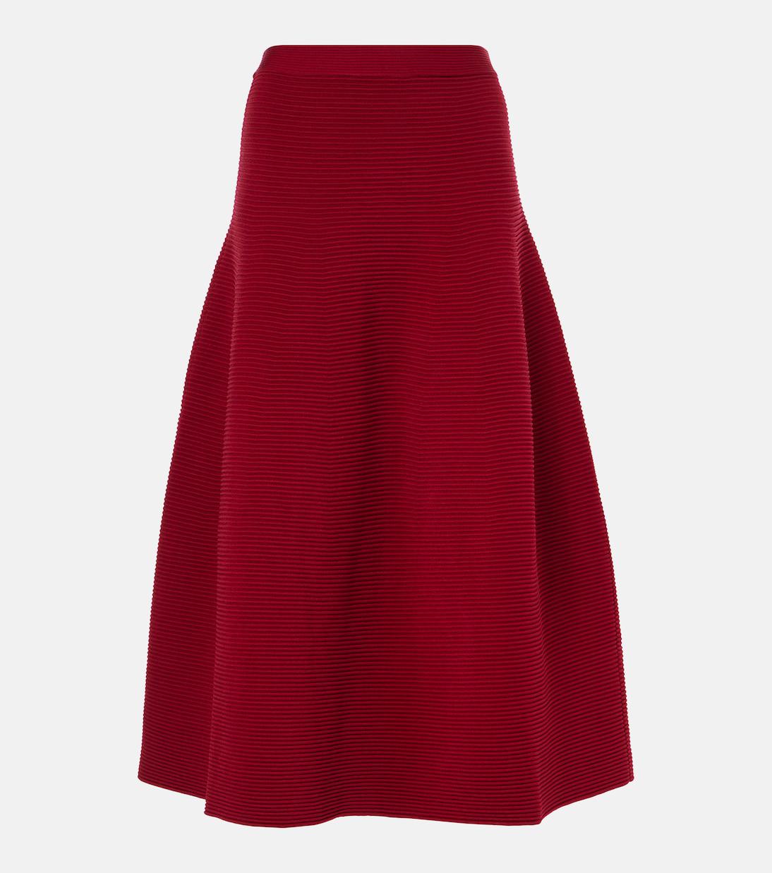 SIMKHAI Jennifer Ribbed-Knit Midi Skirt in Red | endource