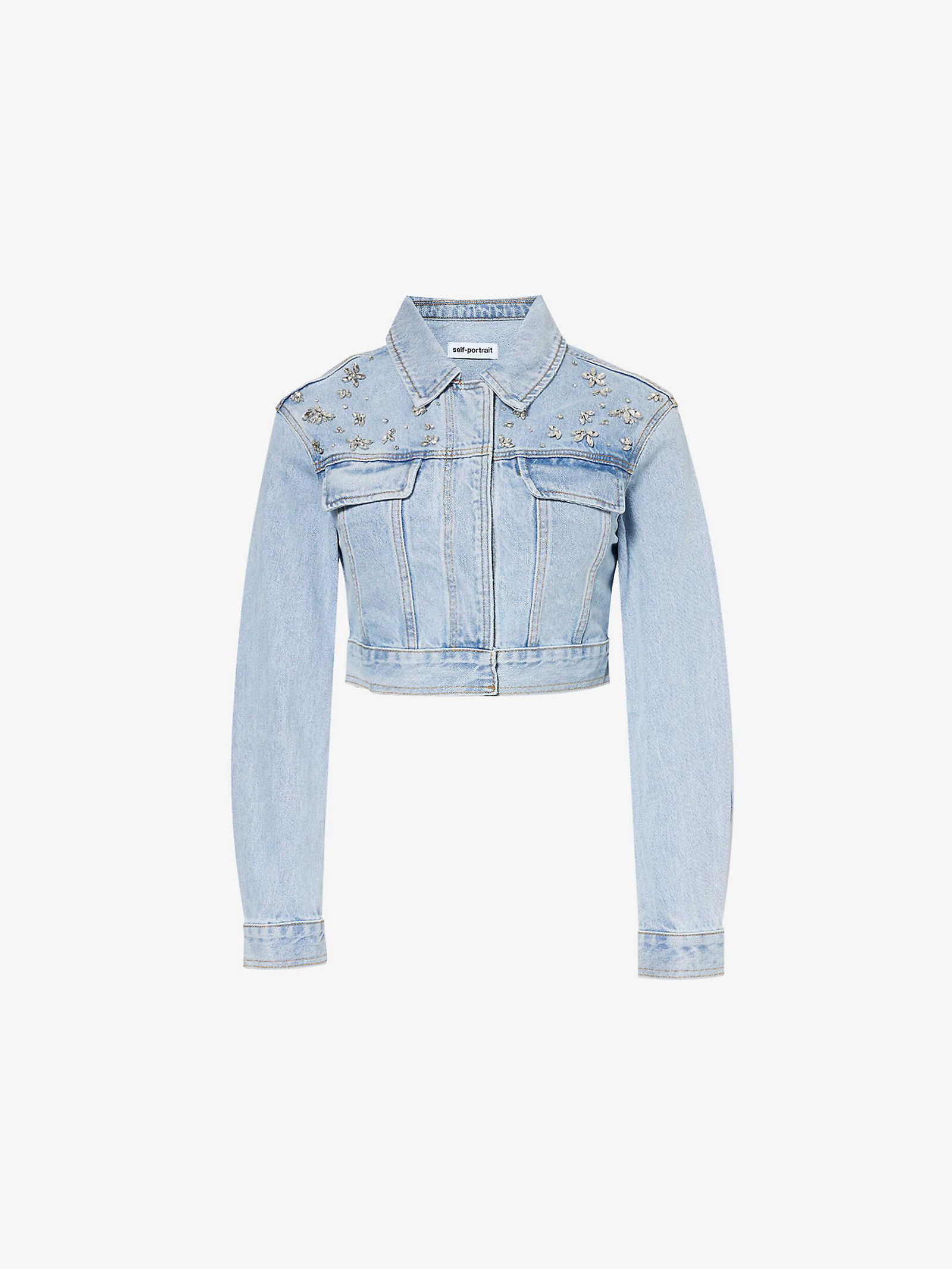 SELF-PORTRAIT Cropped Boxy-Fit Denim Jacket in LIGHT BLUE | endource