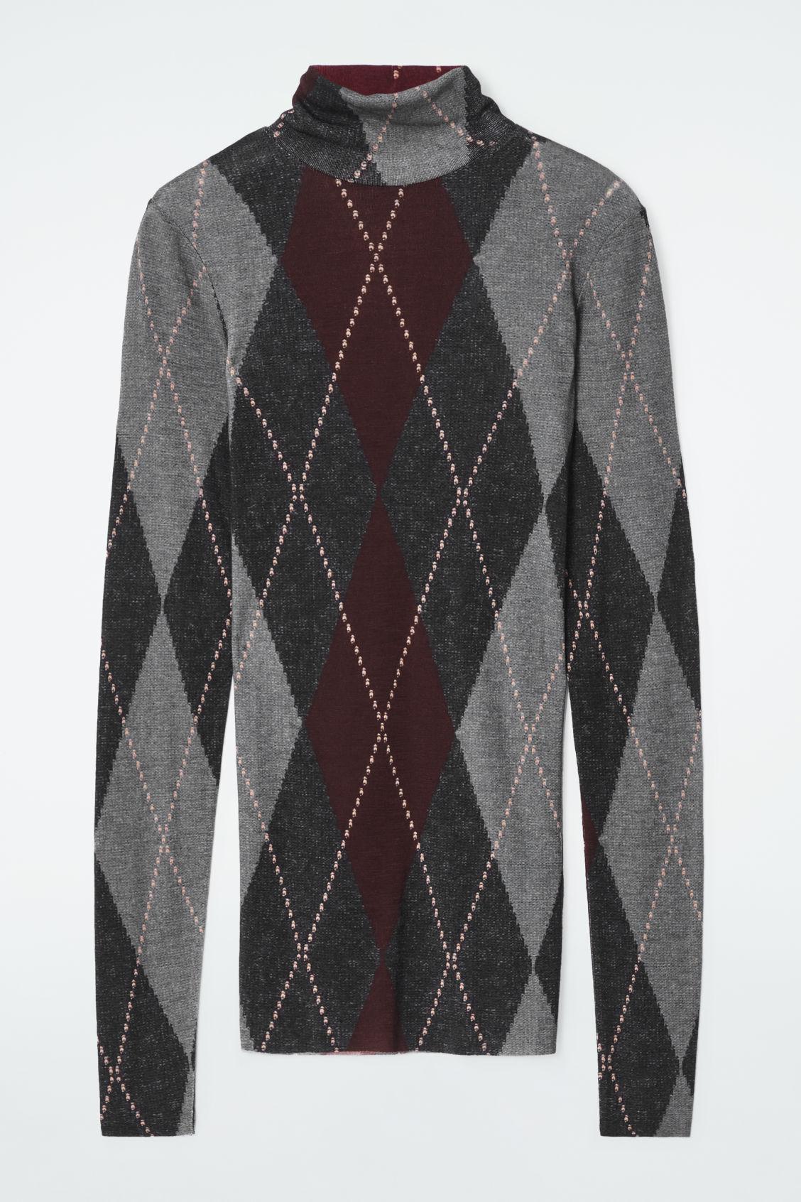 COS Merino Wool Turtleneck Top in GREY / ARGYLE | endource