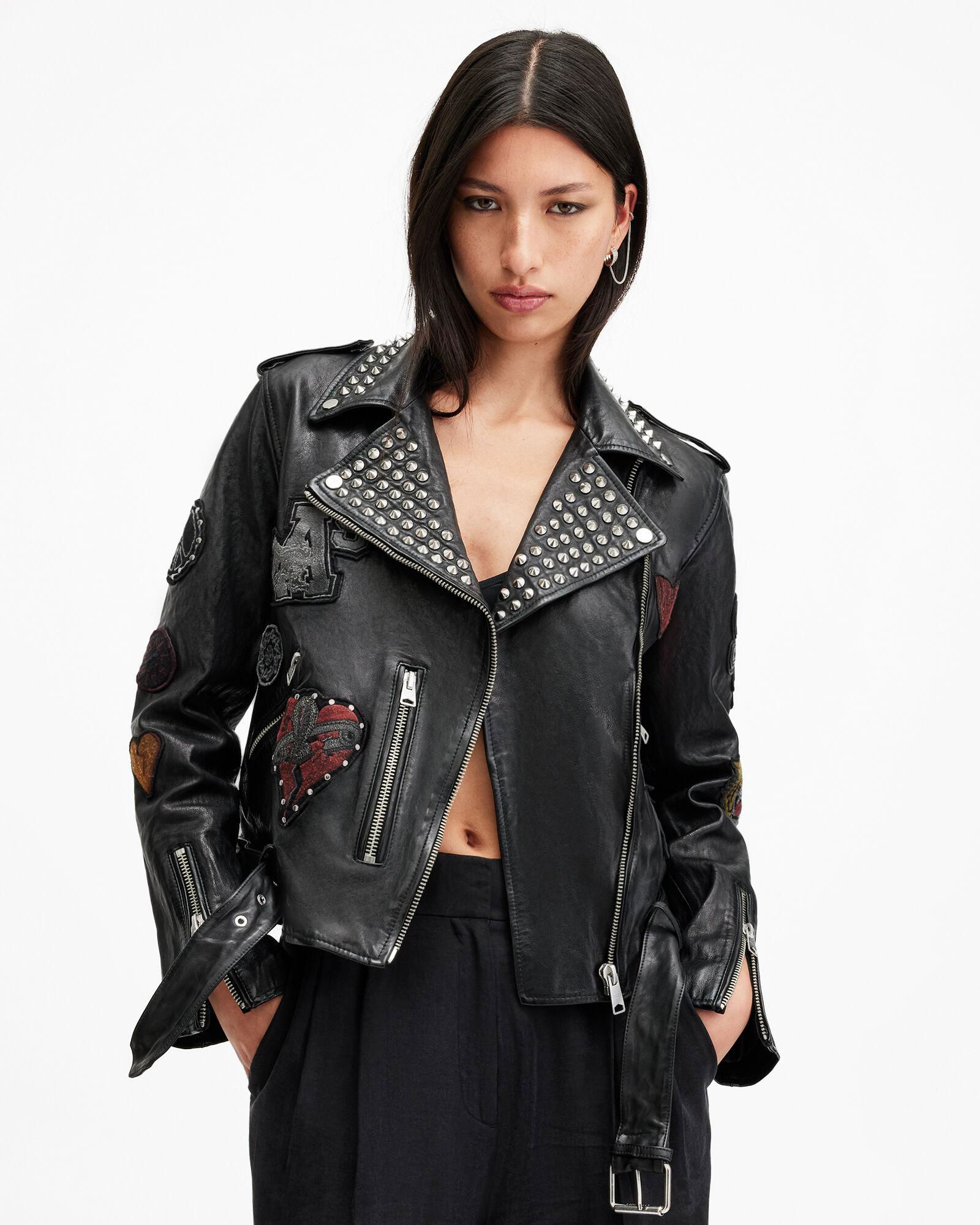 ALLSAINTS College Studded Leather Biker Jacket in Black | endource