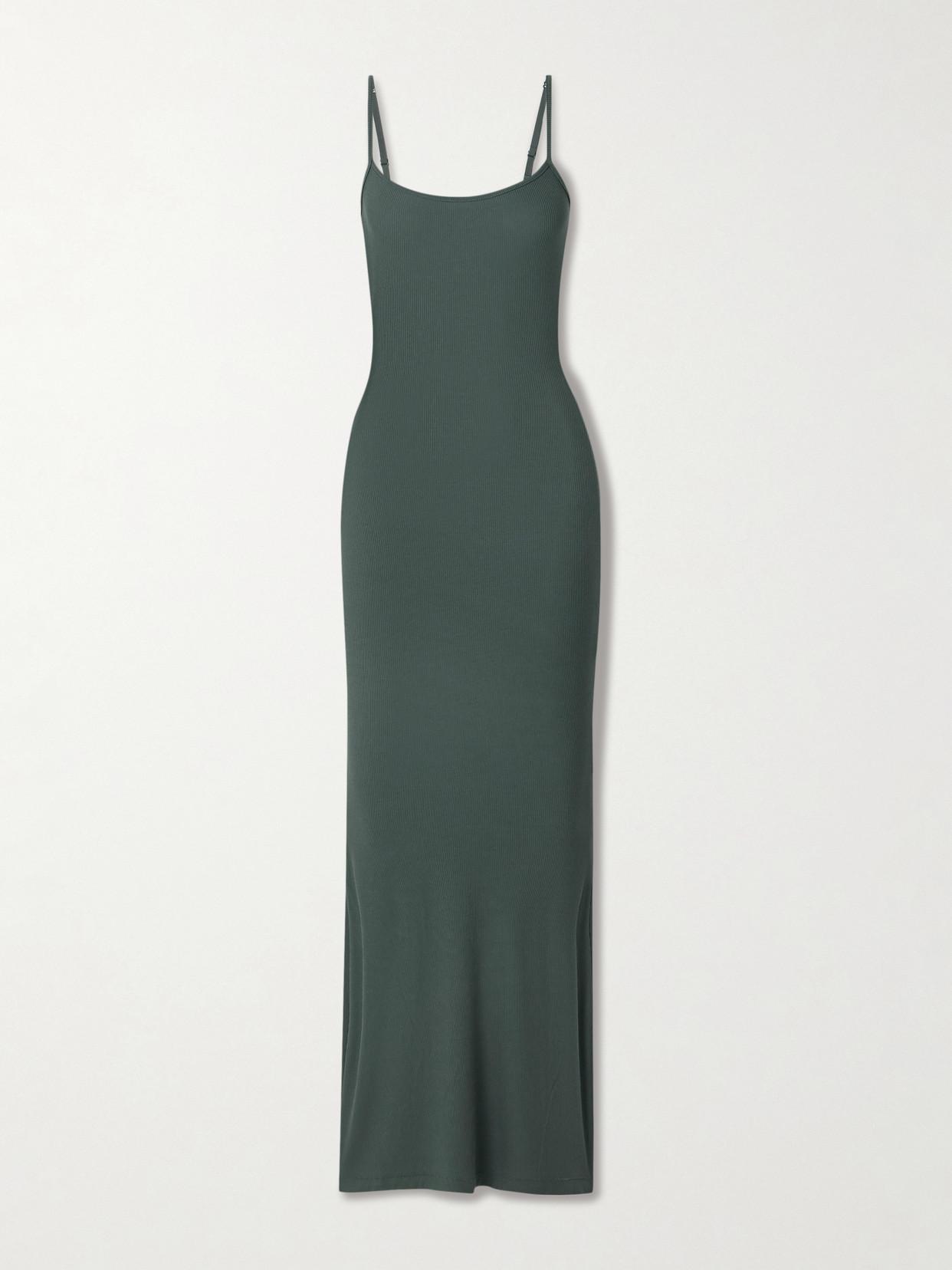 SKIMS Soft Lounge Ribbed Long Modal Slip Dress in Green | endource