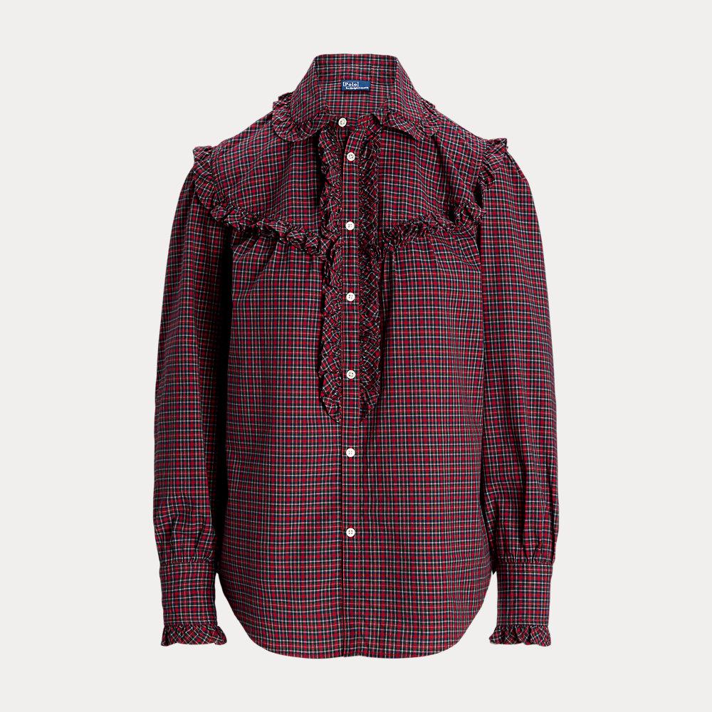POLO RALPH LAUREN Ruffle-Trim Plaid Cotton Shirt in Red | endource