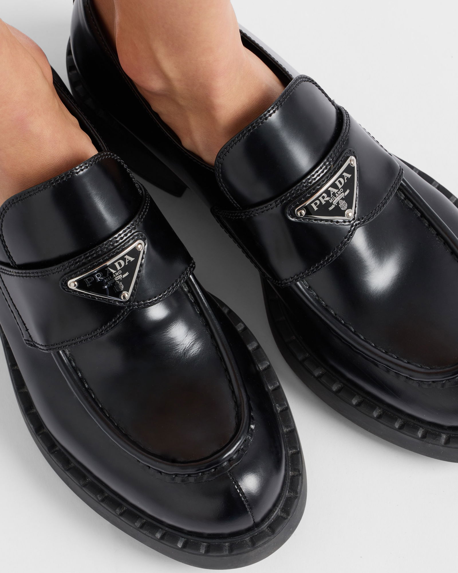 PRADA Chocolate Brushed Leather Loafers | endource