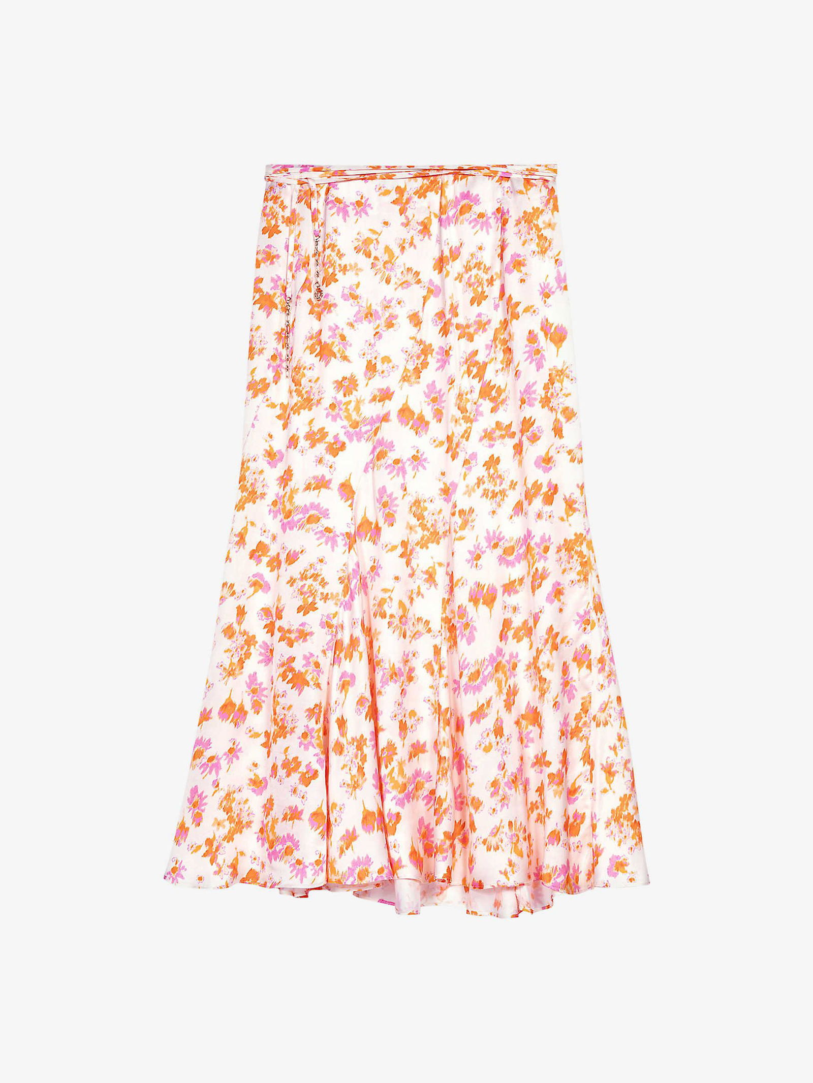MAJE Floral-Pattern Chain-Belt Satin Midi Skirt in MULTICOLOR | endource