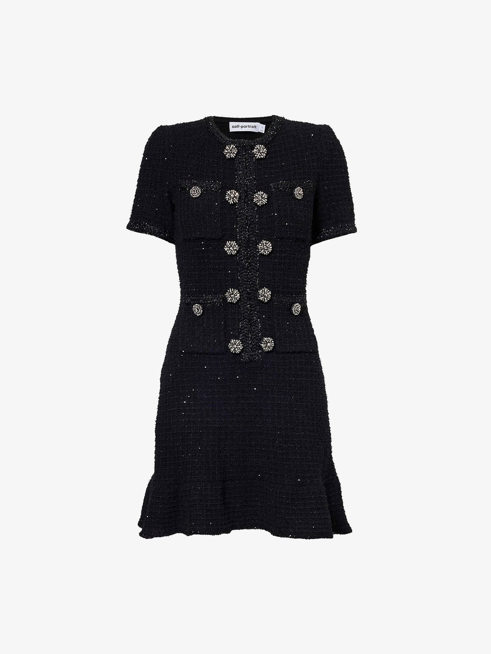 SELF-PORTRAIT Bouclé Rhinestone-Buttons Knitted Midi Dress in BLACK ...
