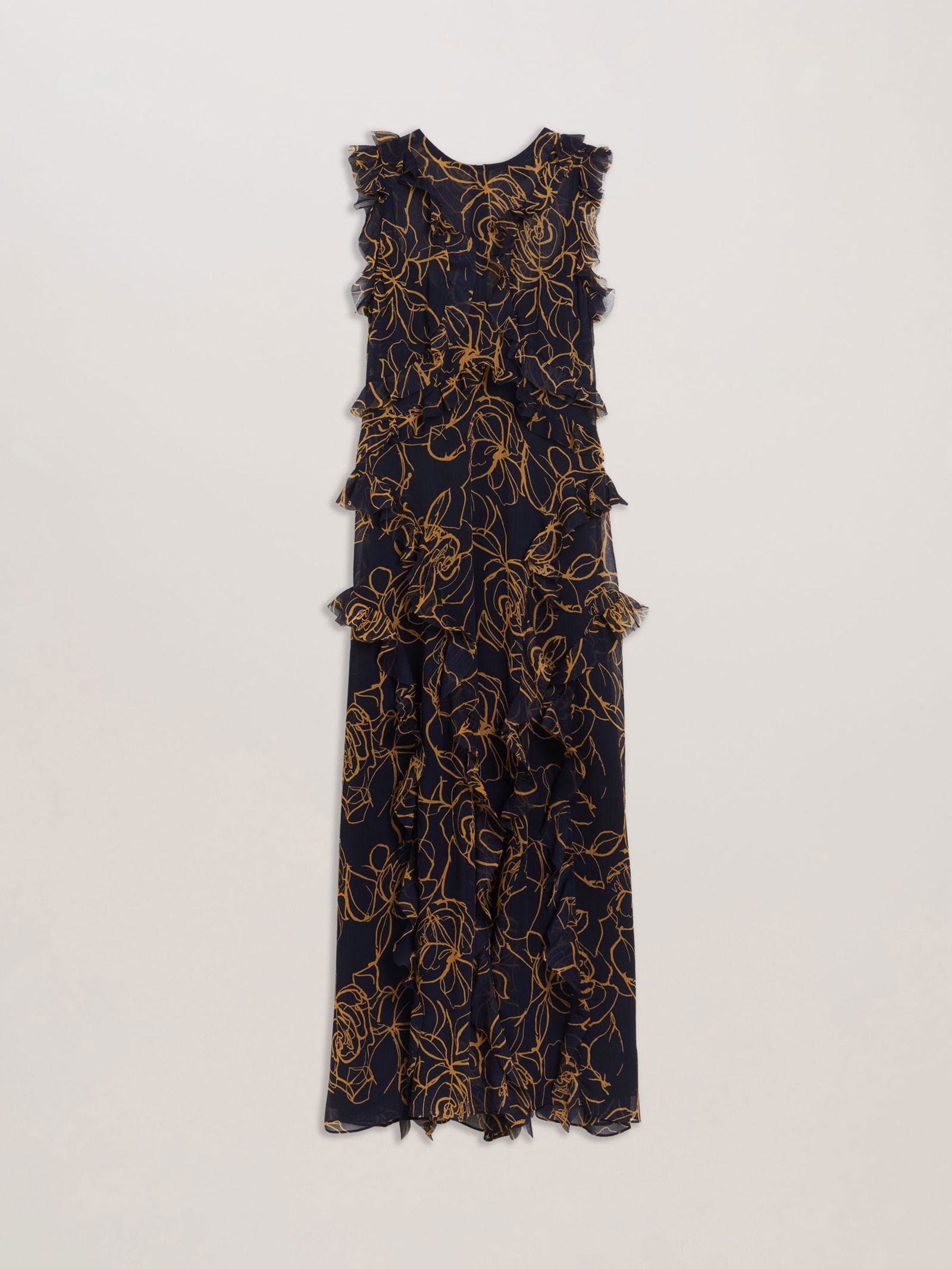 TED BAKER Rize Floral Frill Midi Dress in Navy/Orange | endource