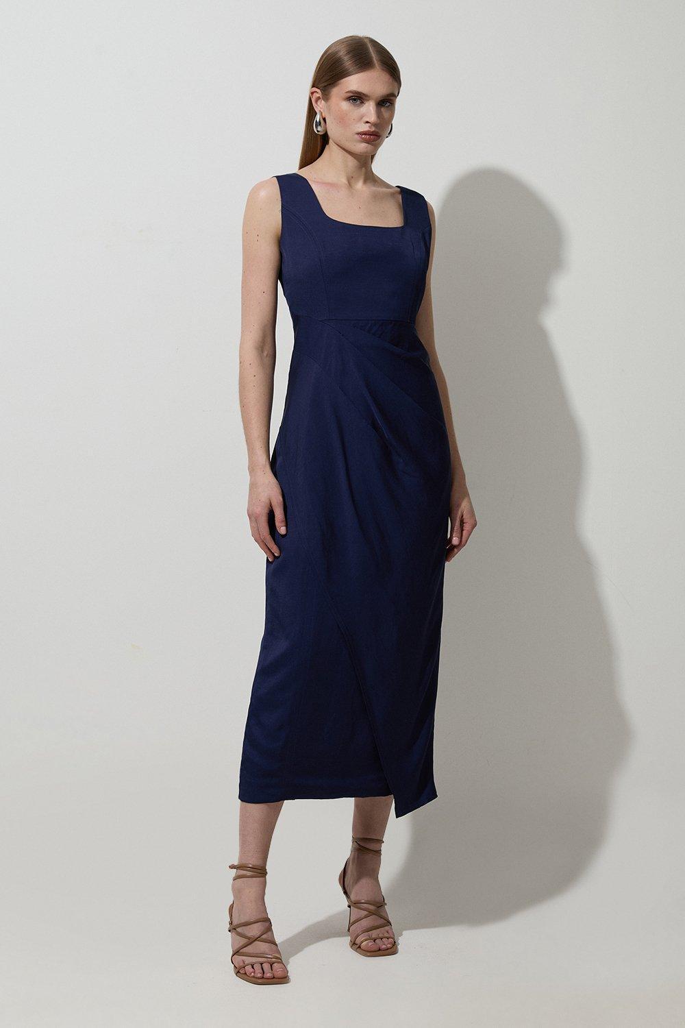 KAREN MILLEN Petite Tailored Linen Pleat Detail Midaxi Dress in Navy ...