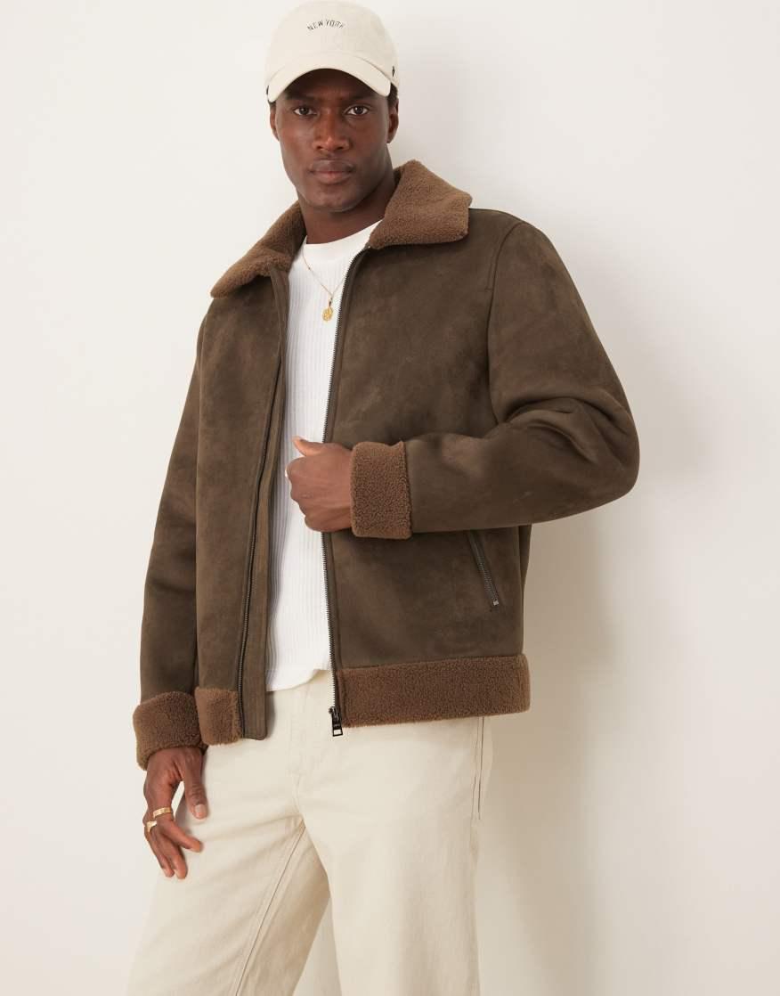 MANGO Contrast Borg Lining Aviator Jacket in BROWN | endource