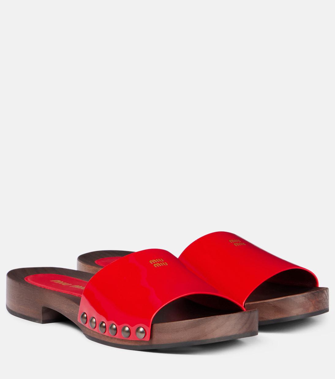 MIU MIU Logo Patent Leather Clogs in Red | endource