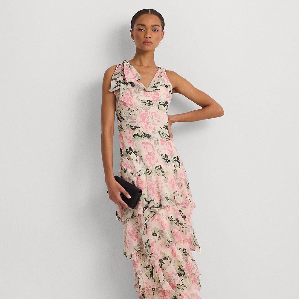 LAUREN RALPH LAUREN Floral Crinkle Georgette Tiered Gown in Multi ...