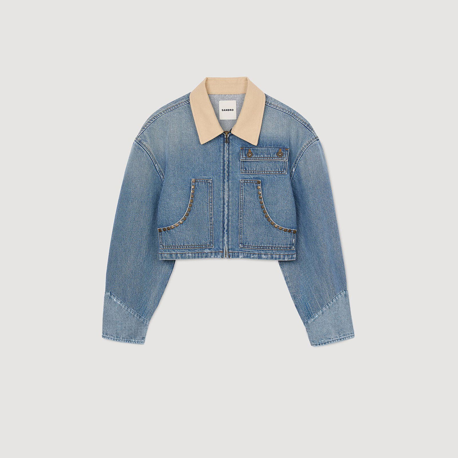 SANDRO Denim Jacket With Studs in Blue Jean | endource