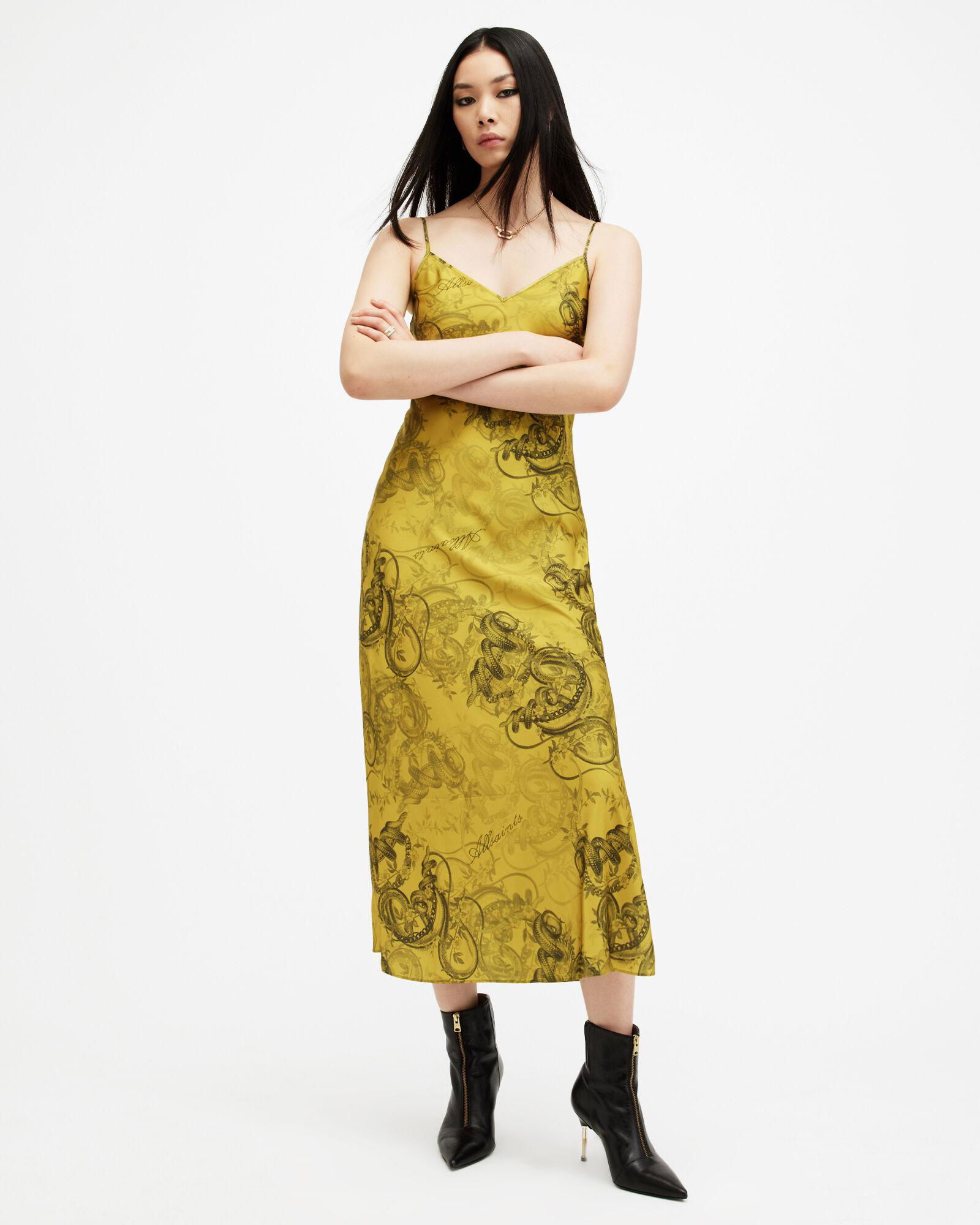 ALLSAINTS Tiana Slim Fit Printed Midi Slip Dress in Helena Gold Yellow ...