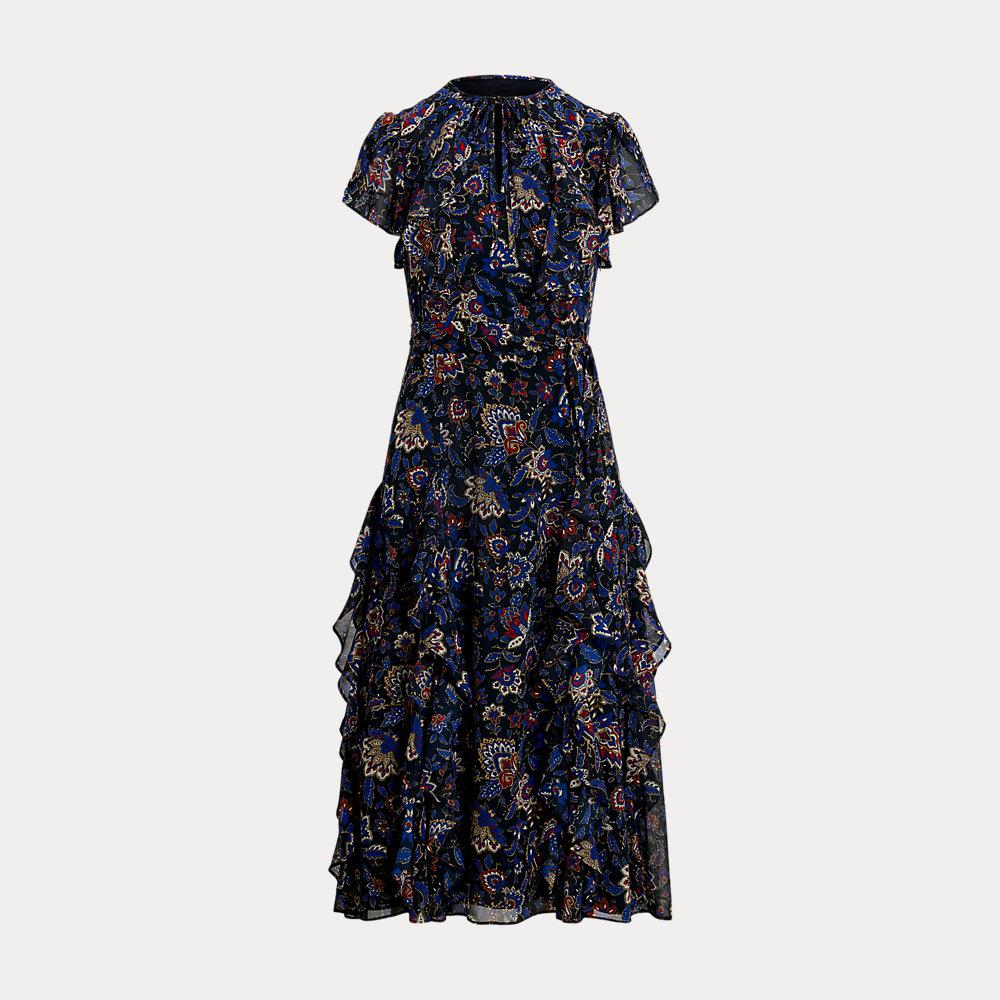 LAUREN RALPH LAUREN Floral Ruffle-Trim Georgette Dress in Blue | endource