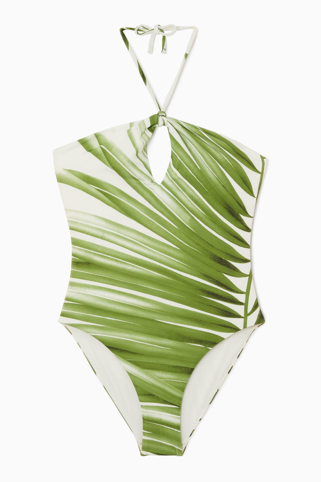 COS Halterneck Cutout Swimsuit in GREEN / WHITE | Endource