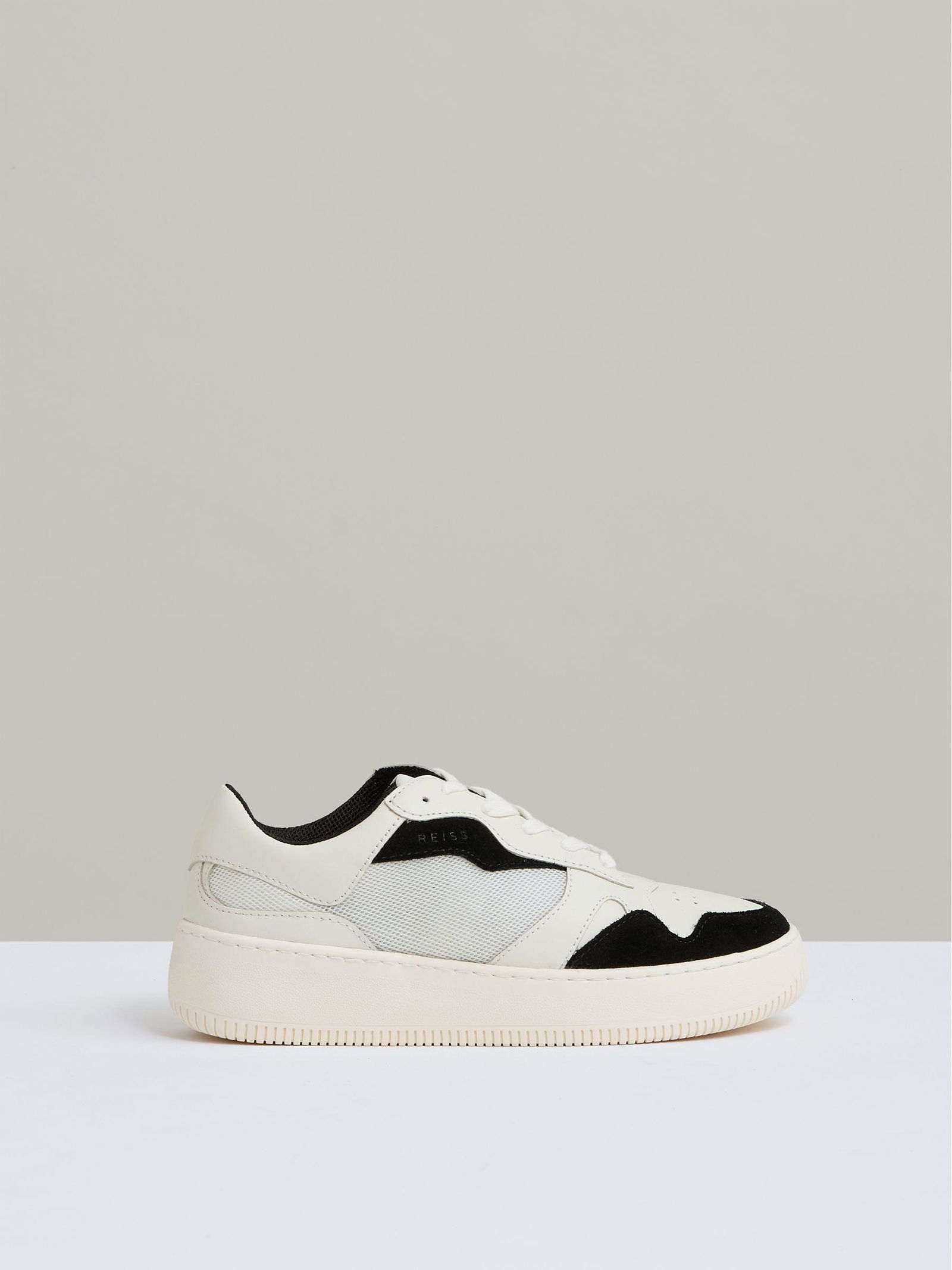 REISS Leather And Mesh Platform Trainers in Black/White | endource