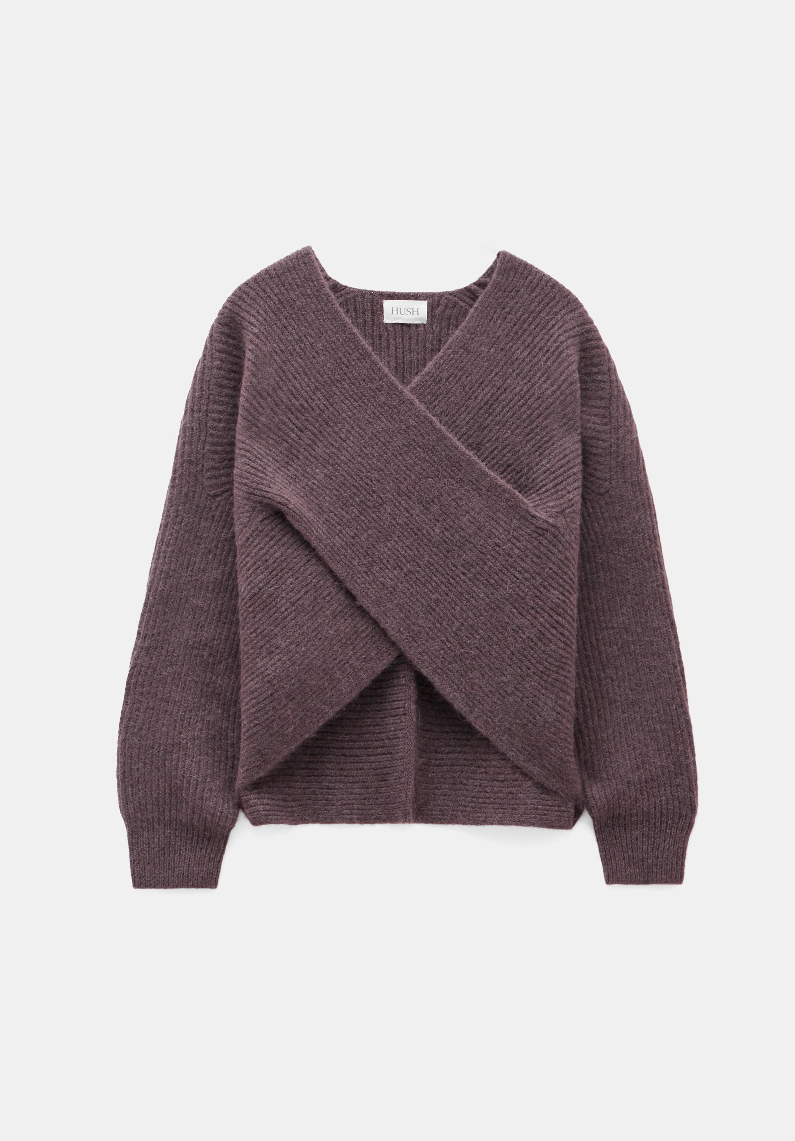 HUSH Betty Fluffy Cross Front Jumper in Raisin Brown | endource