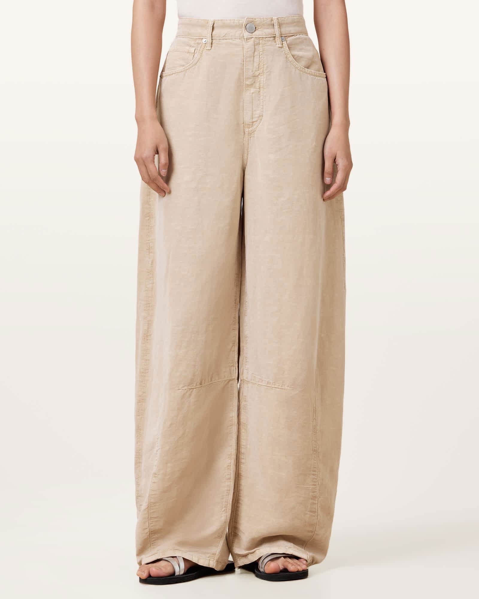 ALLSAINTS Jett Barrel Leg Linen Blend Trousers in Sand Brown | endource