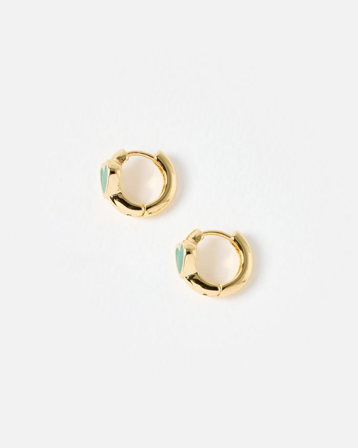 OLIVER BONAS Ottie Green Heart Gold Tone Huggie Earrings | endource