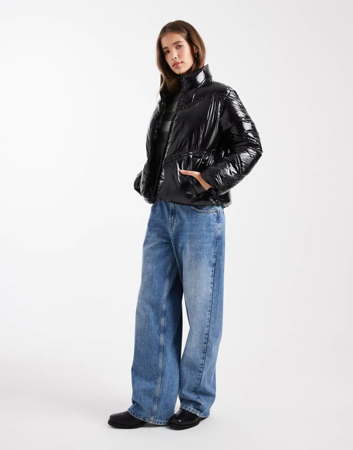 MANGO Teen High Shine Puffer Coat In Black | endource