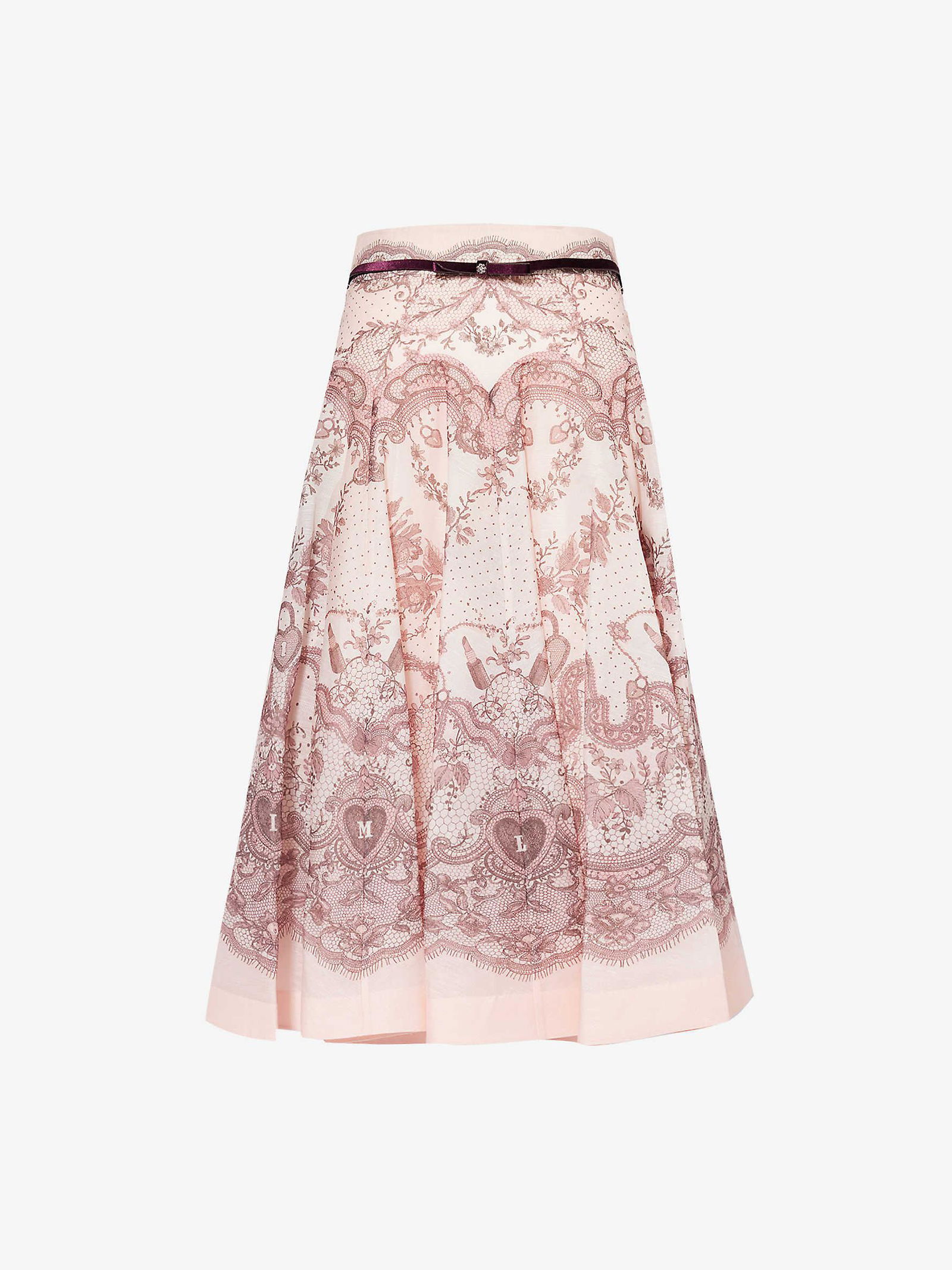 ZIMMERMANN Crush Graphic-Pattern Midi Skirt in Pink Lace Print | endource