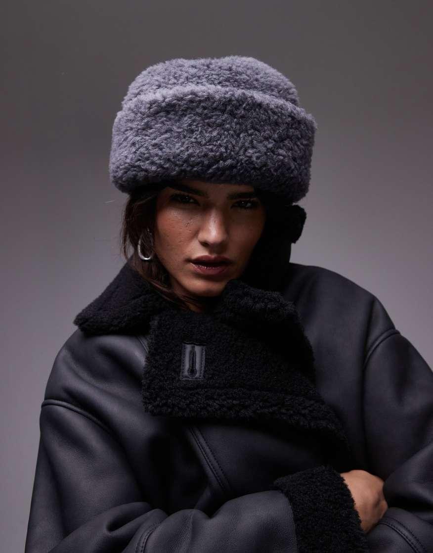 ARKET Premium Wool Blend Faux Shearling Hat With Fold Over Brim in GREY ...