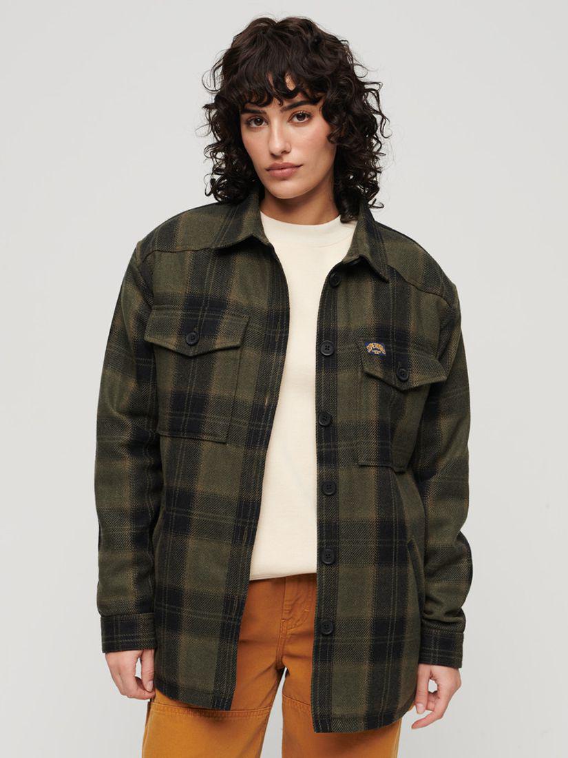 SUPERDRY Borg Lined Check Wool Blend Overshirt in Roderick Check Olive ...