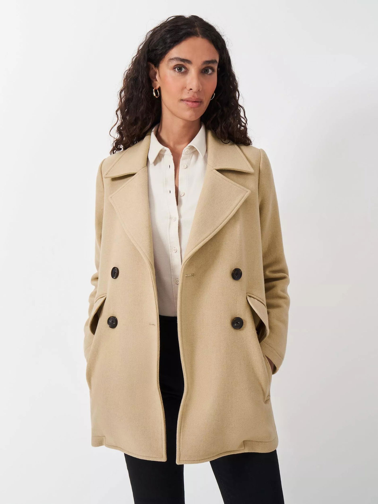 CREW CLOTHING Double Breasted Wool Blend Pea Coat in Camel Brown | endource
