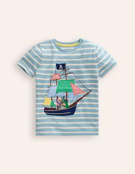 BODEN Appliqué Pirate Ship T-Shirt in Vintage Blue/ Ivory Stripe | endource