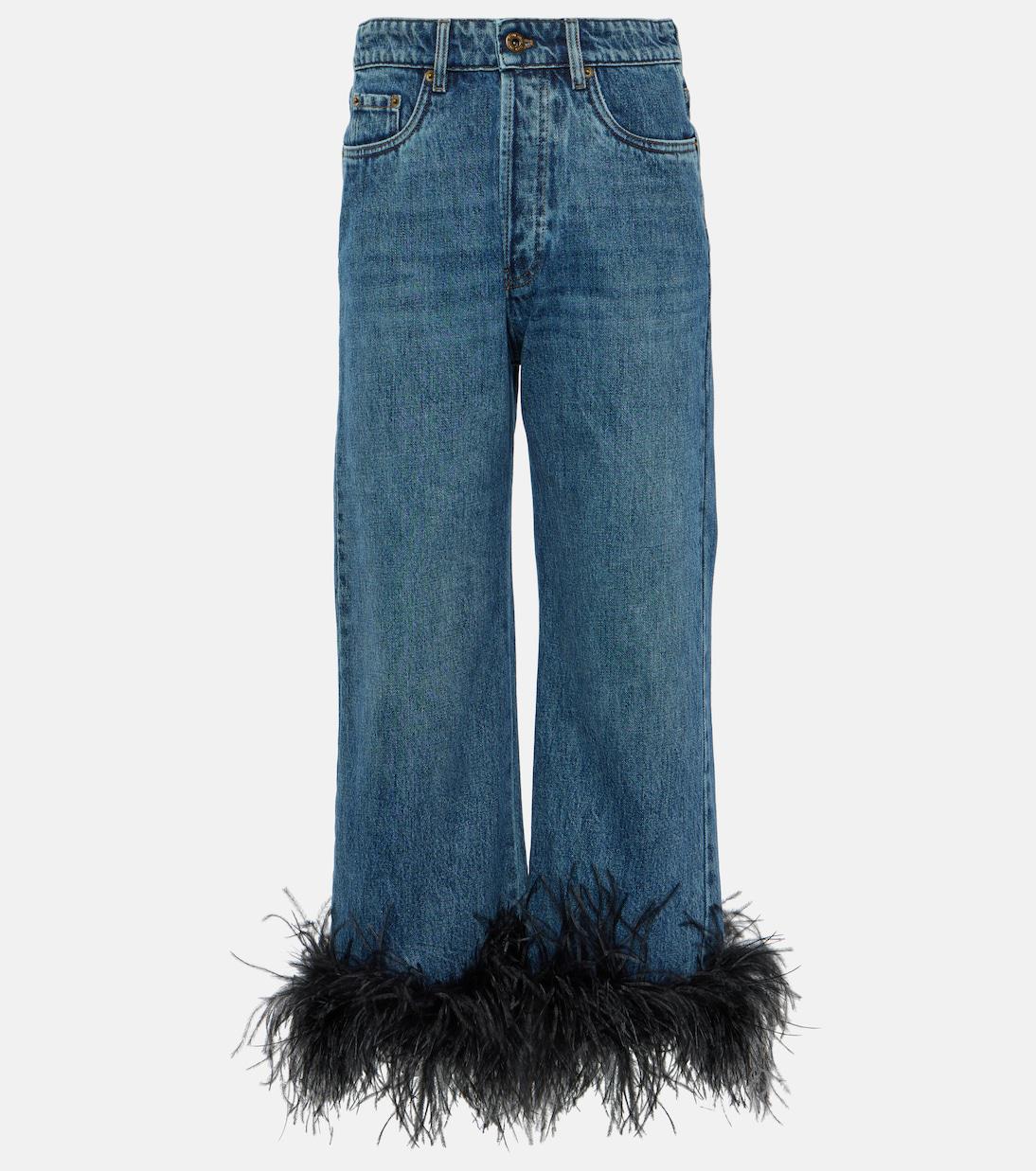MIU MIU Feather-Trimmed Straight Jeans in Blue | Endource