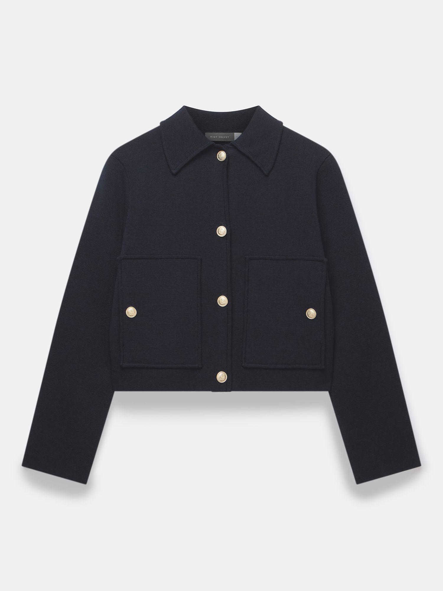 MINT VELVET Knitted Cropped Jacket in Navy | endource