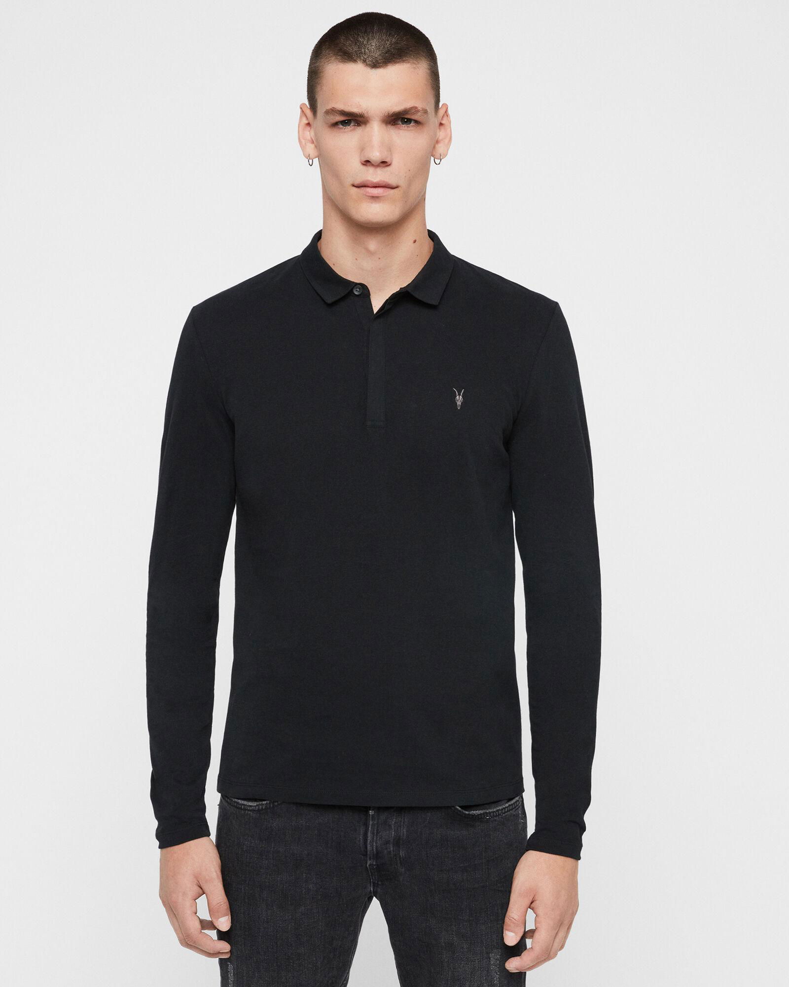 ALLSAINTS Brace Long Sleeve Polo Shirt in Jet Black | endource