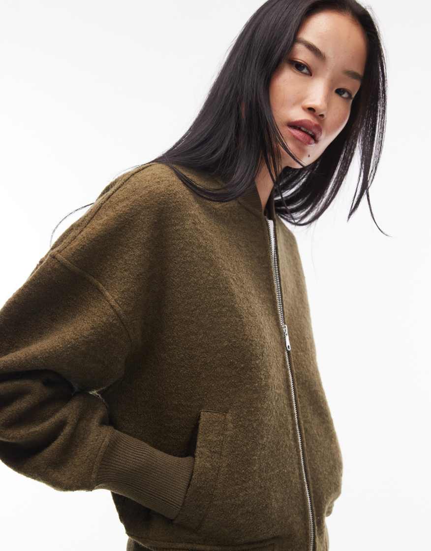 ARKET Wool Rich Bomber Jacket With Zip Front In Khaki | endource