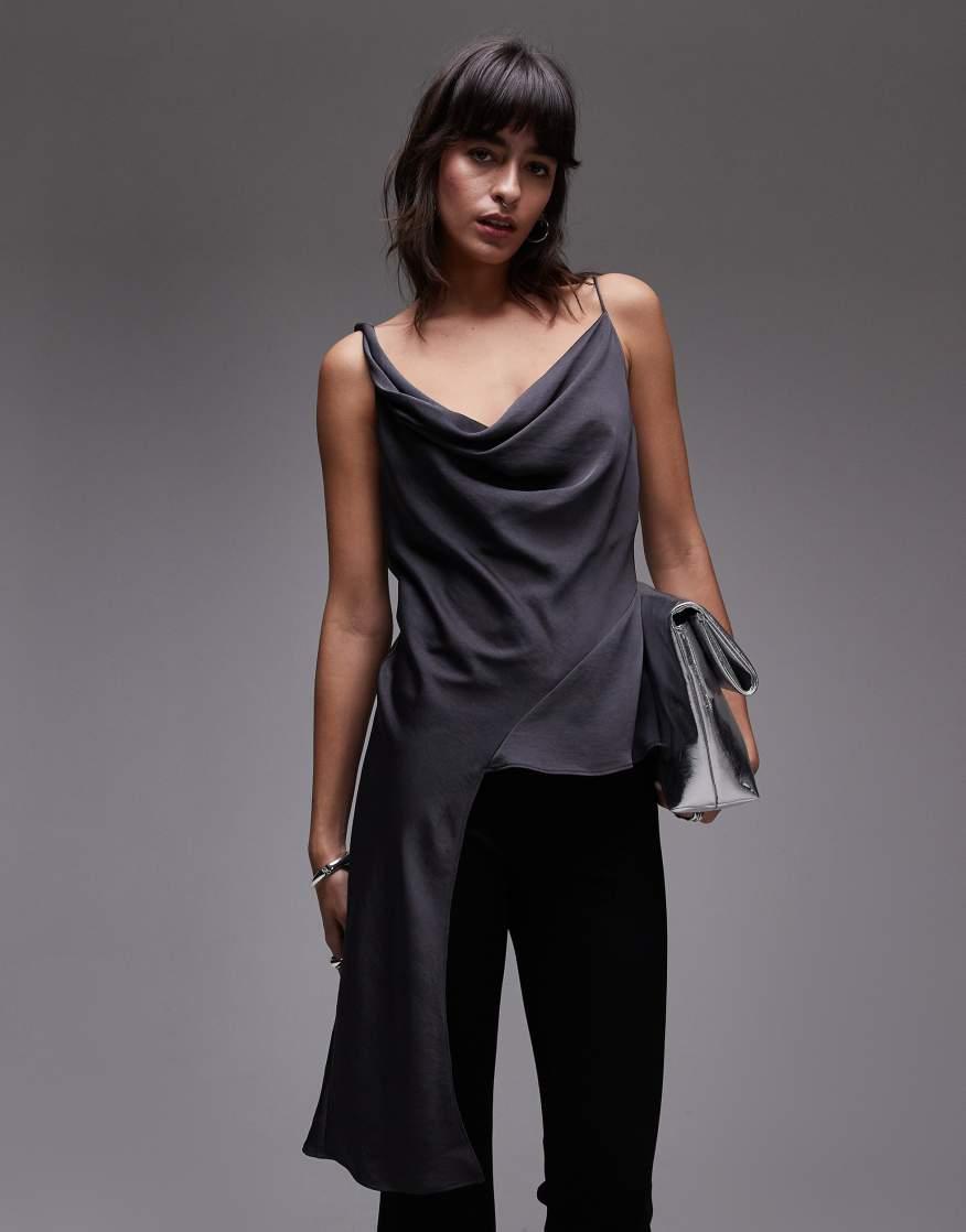 MANGO Silky Aysmmetric Drape Top in GREY | endource