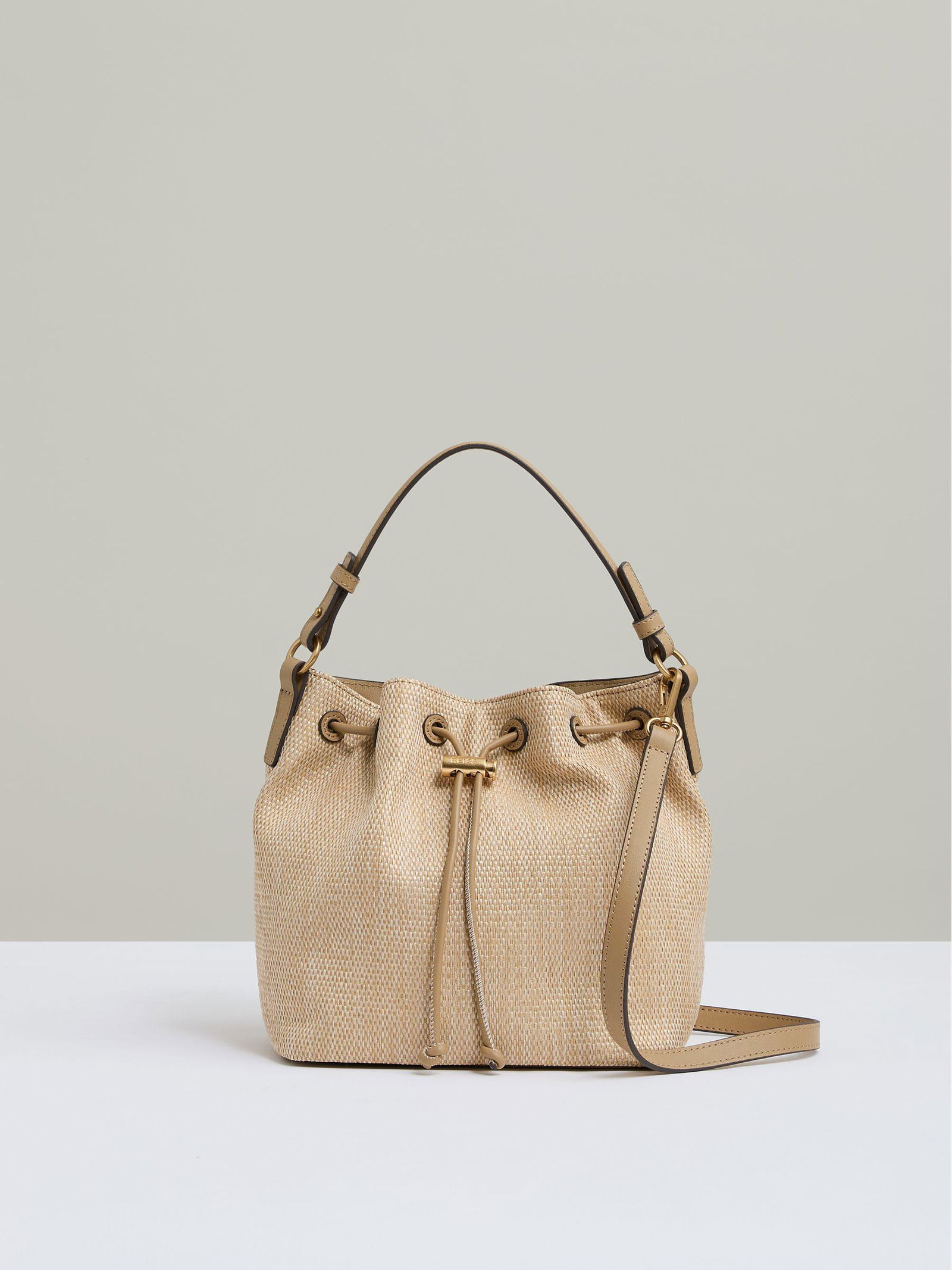 REISS Raffia Drawcord Bucket Bag in Natural | endource