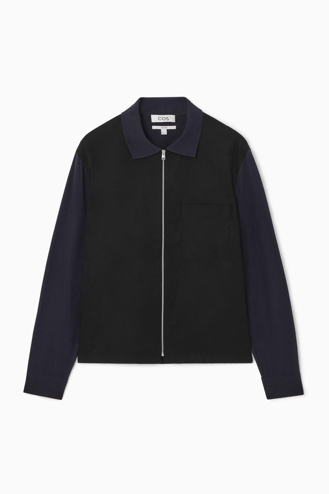 COS Lightweight Contrast-Panel Zip-Up Overshirt in BLACK / NAVY | endource