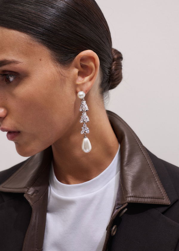 ME+EM Crystal + Faux Pearl Drop Earrings Cream/Gunmetal | endource